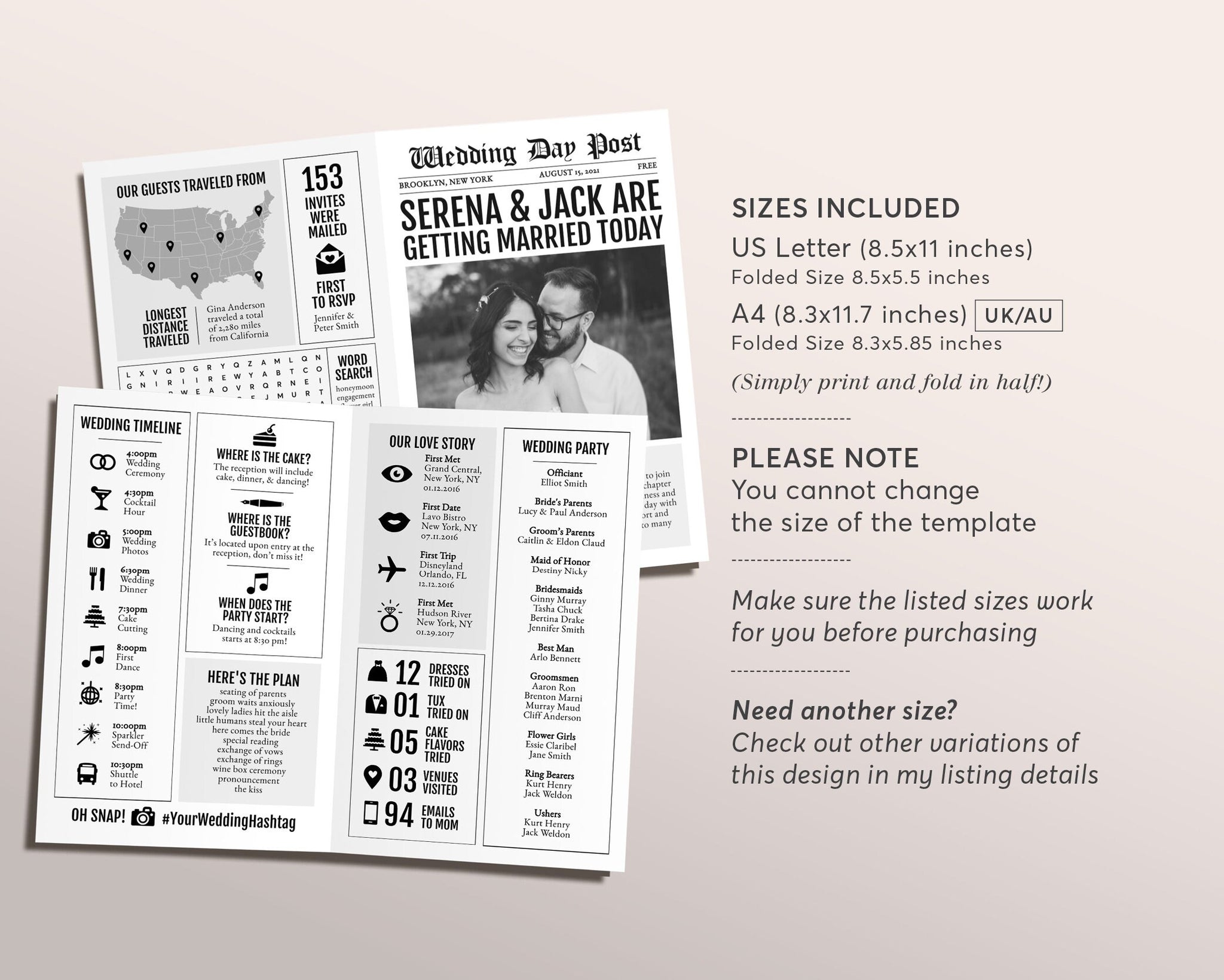 Mini Newspaper Wedding Program Template, Editable Timeline Printable ...