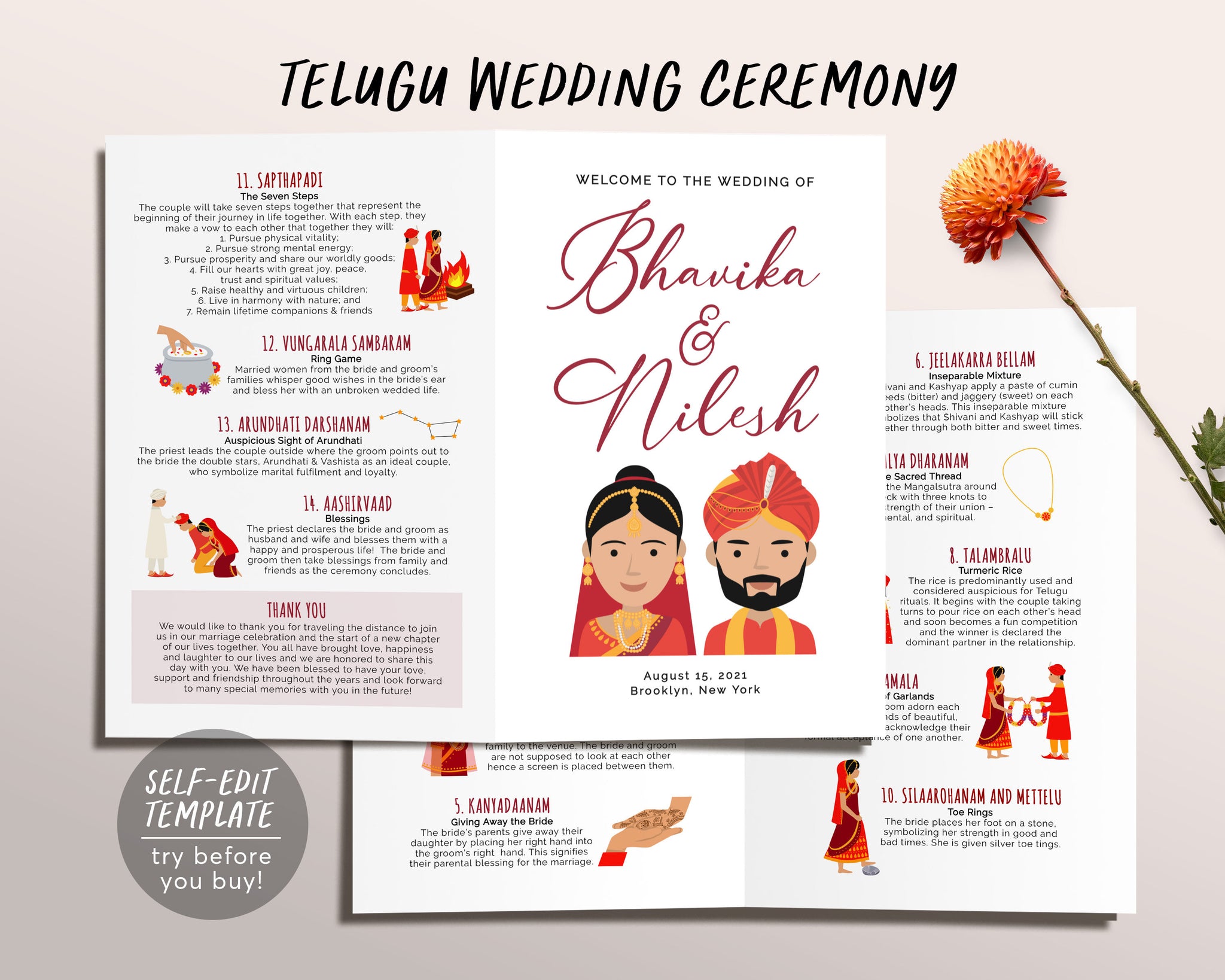 Telugu Ceremony Program Template, Editable Indian Wedding Ceremony Gui ...