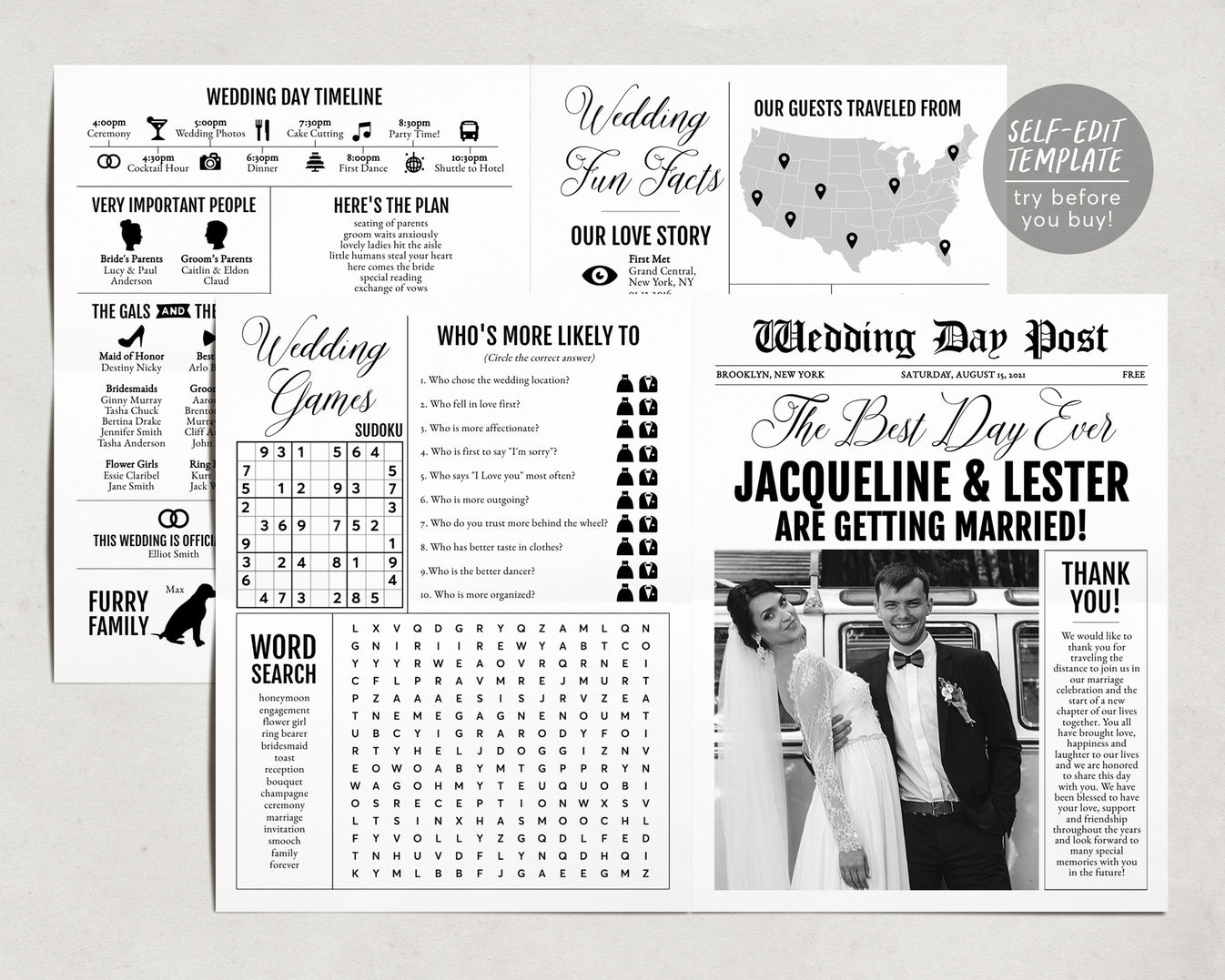 Large Newspaper Wedding Program Template, Folded Modern Reception Prog ...