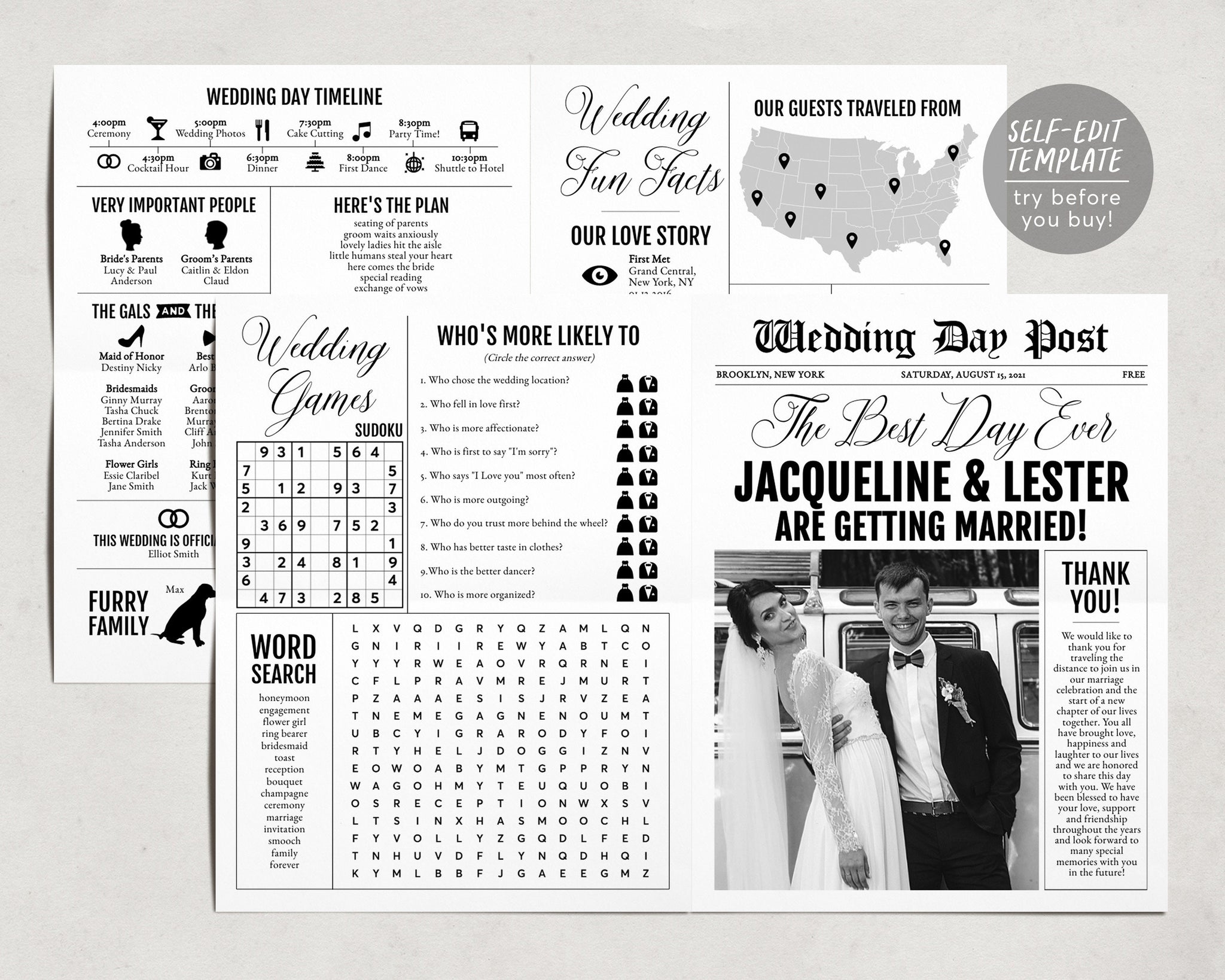 Large Newspaper Wedding Program Template, Folded Modern Reception Prog ...