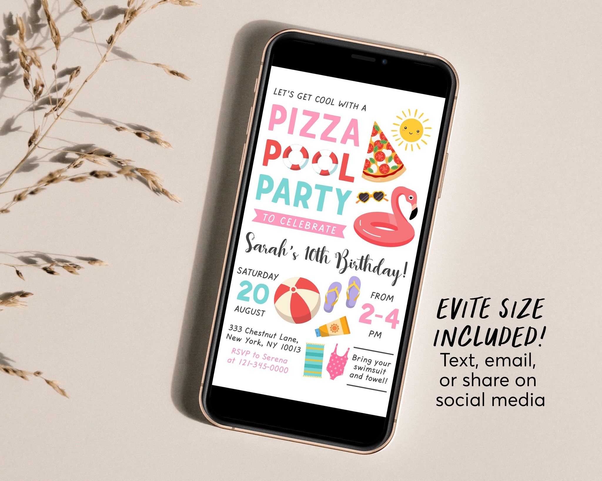 Pizza Pool Party Birthday Invitation Editable Template, Girl Swimming ...