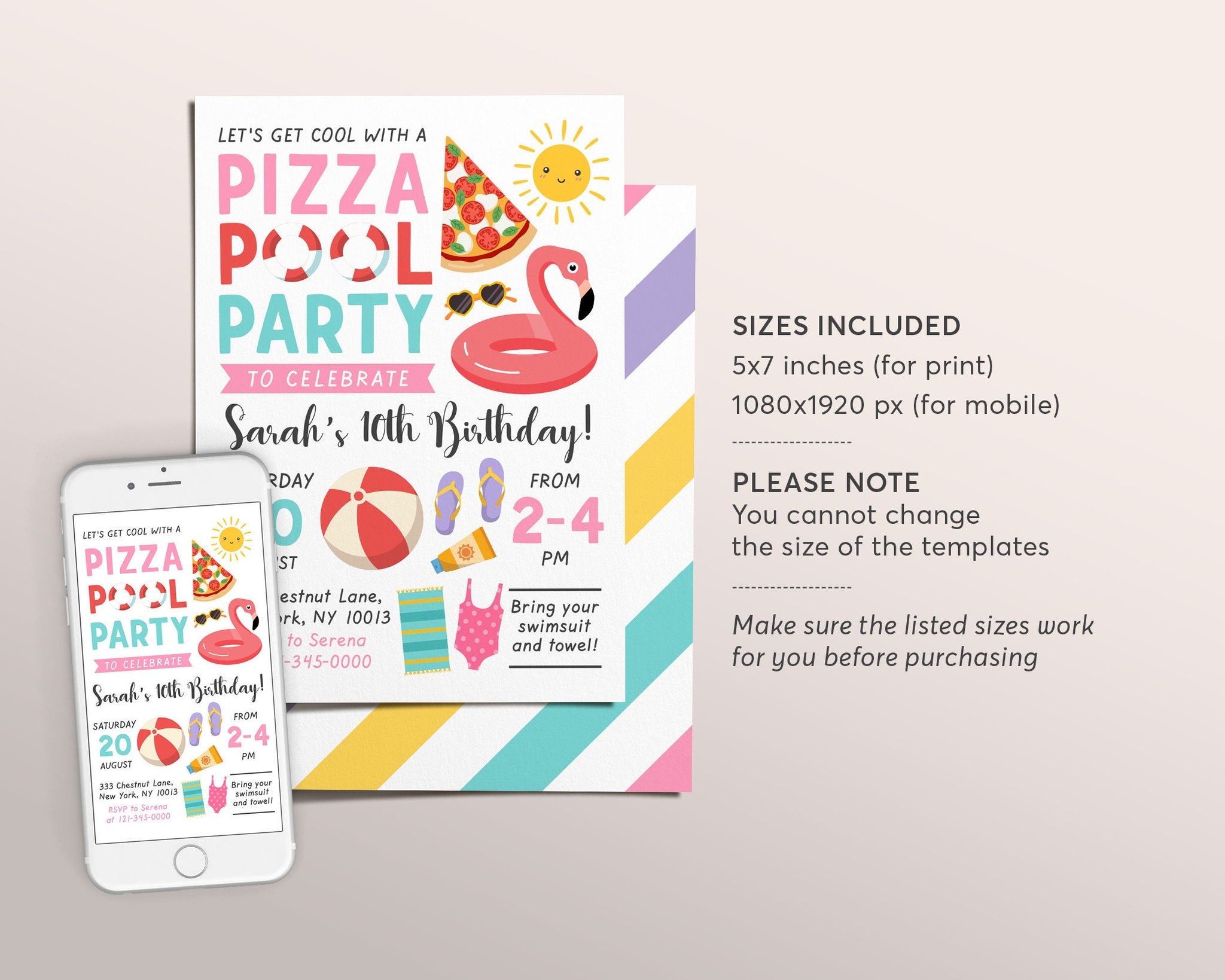 Pizza Pool Party Birthday Invitation Editable Template, Girl Swimming ...