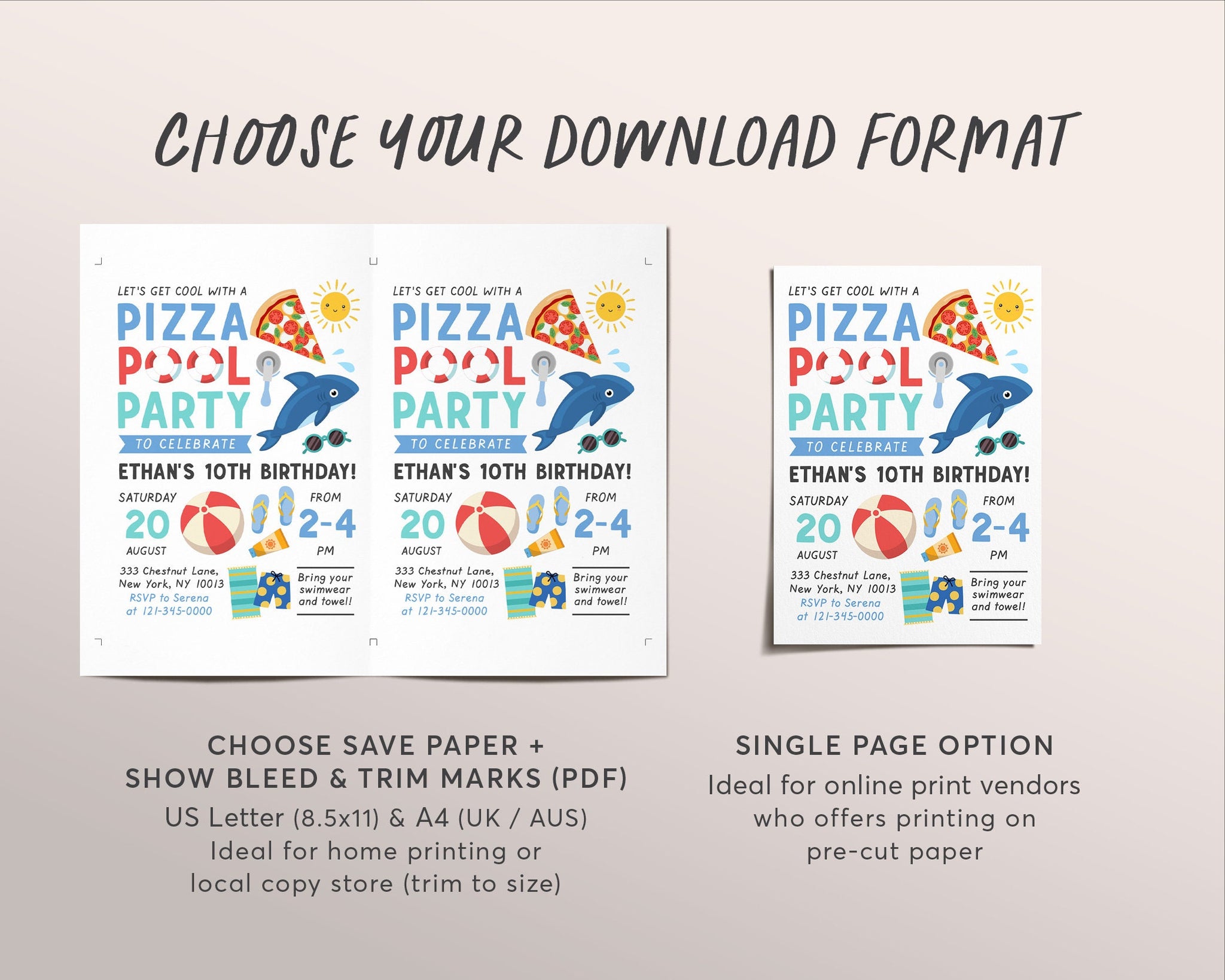 Pizza Pool Party Birthday Invitation Editable Template, Boy Swimming S ...