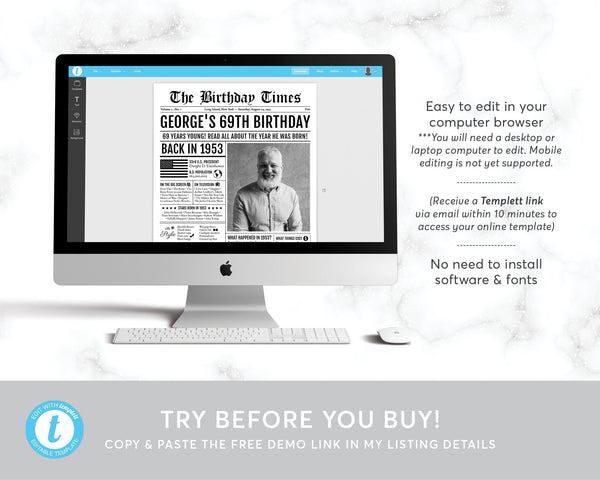 Back in 1953 Birthday Newspaper Editable Template, 70 71 72 Years Ago ...