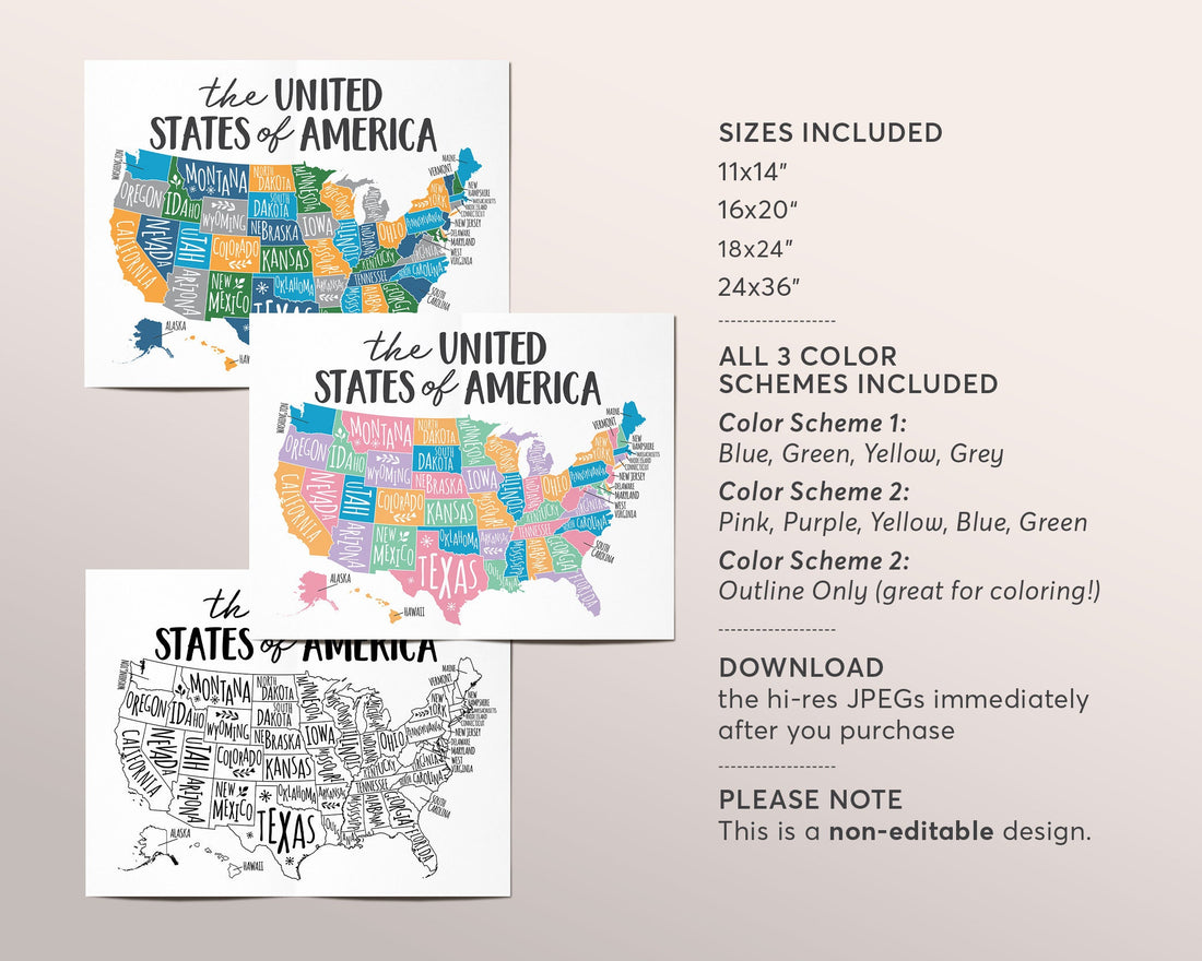 United States Of America Map, USA Map Wall Art for School Homeschool C ...