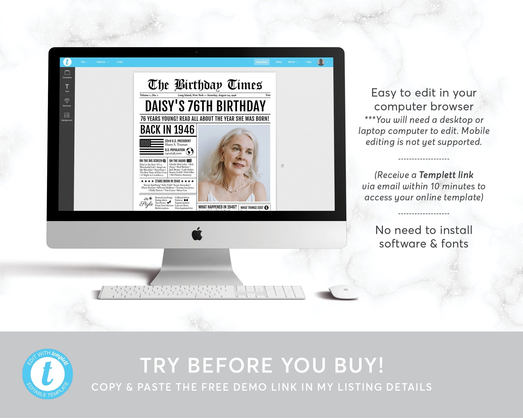 Back in 1946 Birthday Newspaper Editable Template, 77 78 79 Years Ago ...