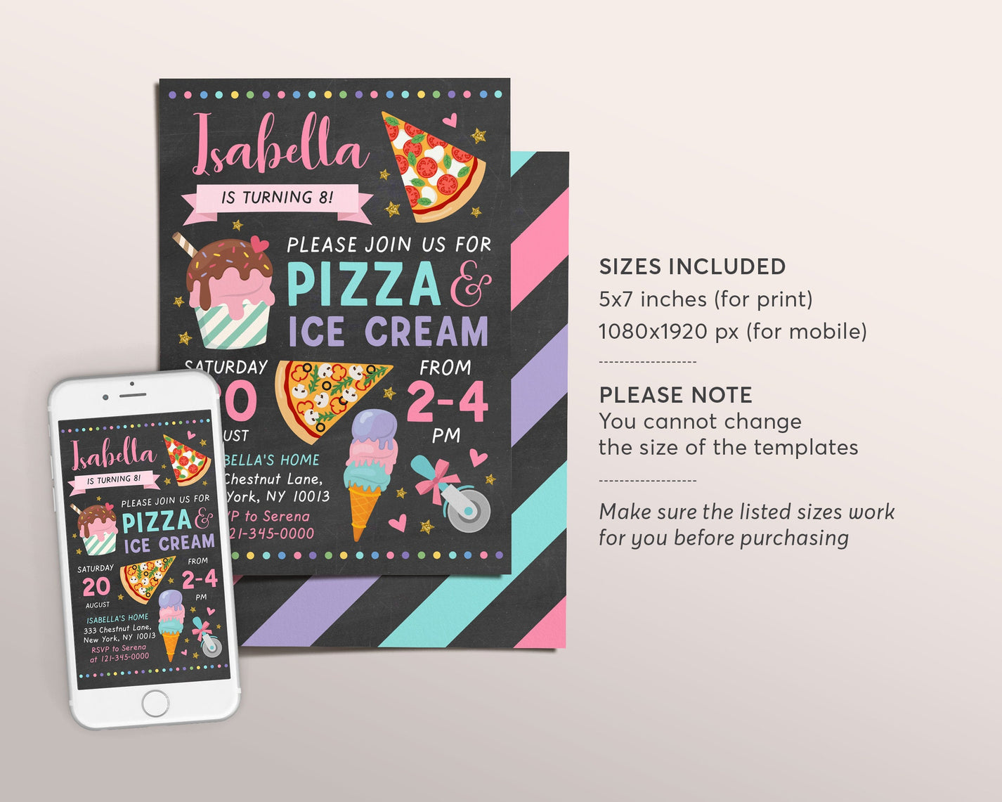 Pizza and Ice Cream Birthday Party Invitation Editable Template, Chalk ...