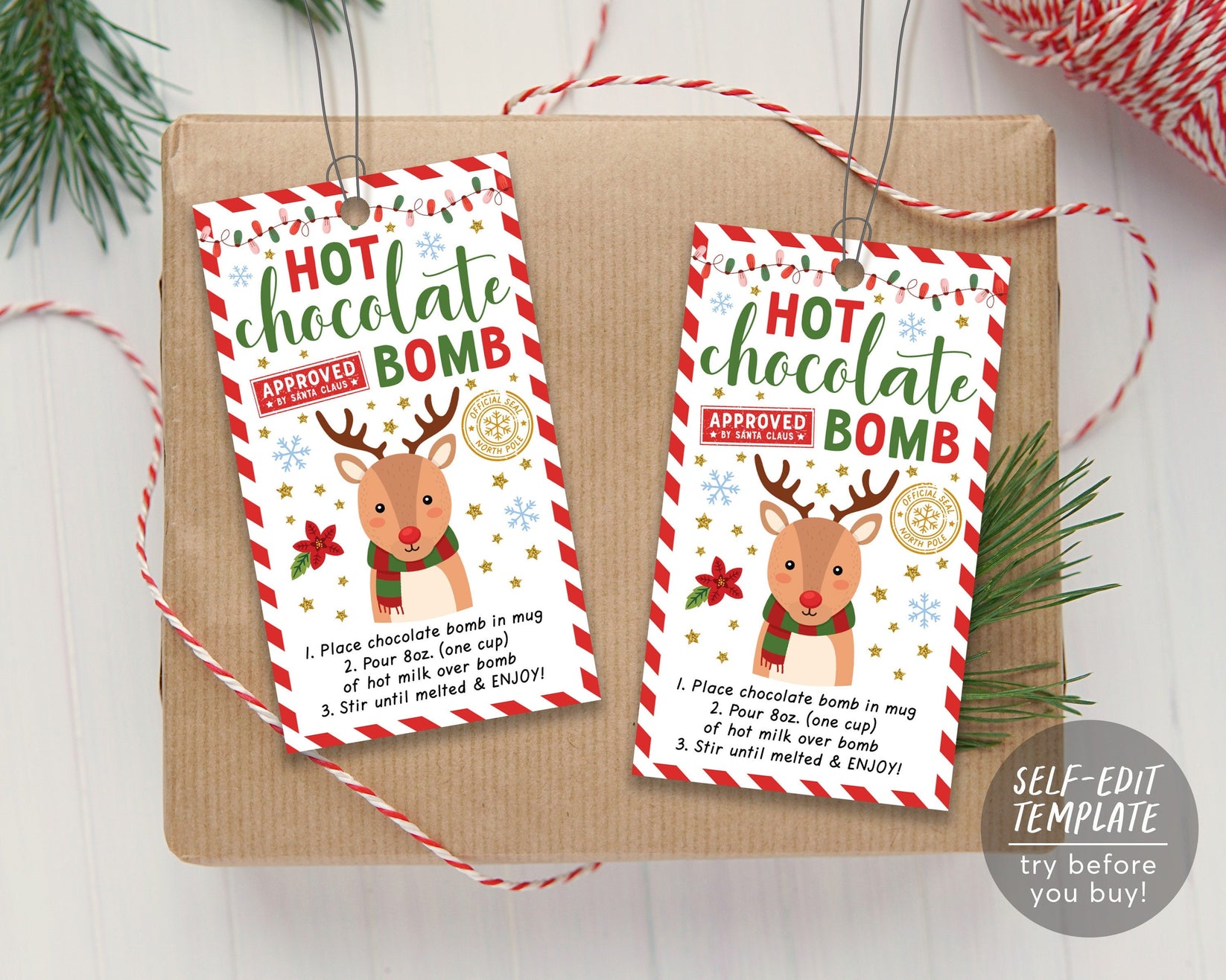 Christmas Reindeer Hot Chocolate Bomb Tag Editable Template, Santa Hot ...