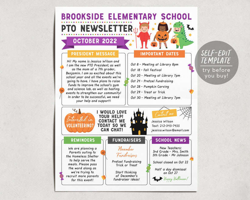 October PTO PTA Newsletter Flyer Editable Template, Back to School Cal ...