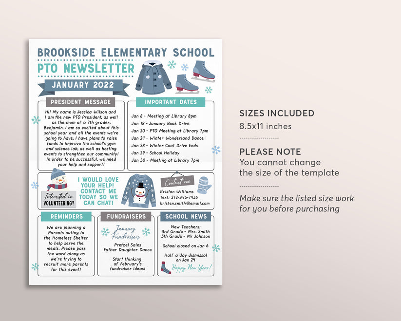 January PTO PTA Newsletter Flyer Editable Template, School Winter Flye ...