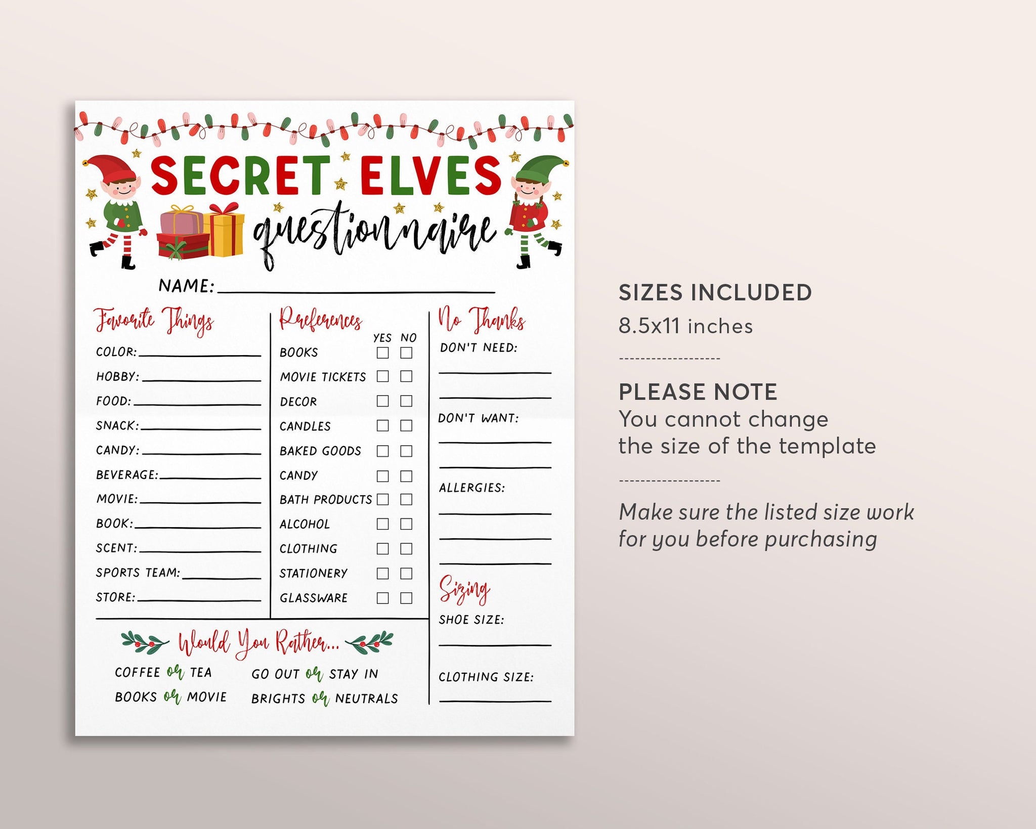 Secret Elves Questionnaire Editable Template, Secret Elf Santa Holiday ...