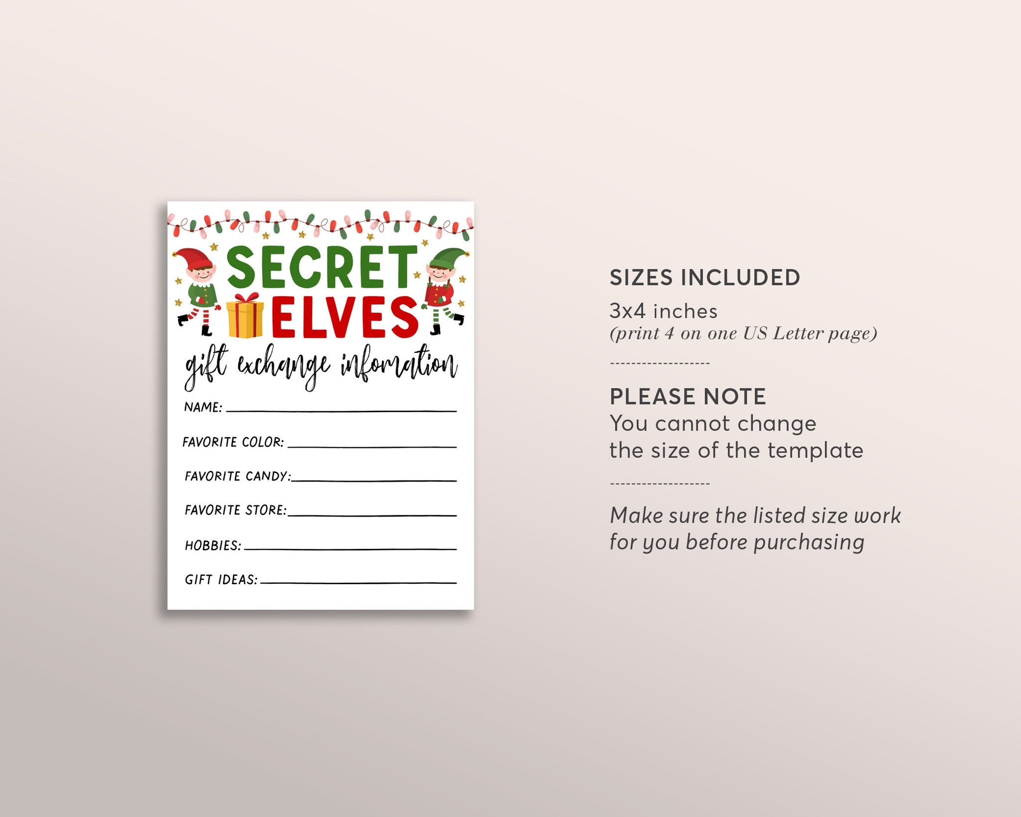 Secret Elves Gift Exchange Cards Editable Template, Secret Elf Santa H ...