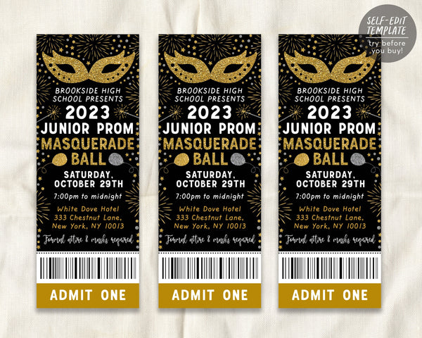 Masquerade Ball Ticket Prom Night Editable Template, Junior Senior Pro ...