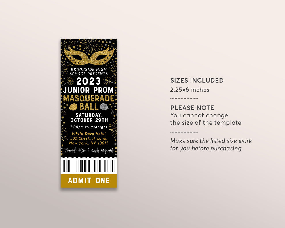 Masquerade Ball Ticket Prom Night Editable Template, Junior Senior Pro ...
