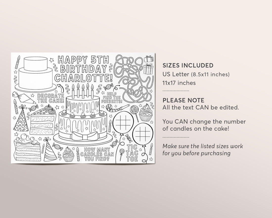 Birthday Party Coloring Placemat For Kids Editable Template, Birthday ...