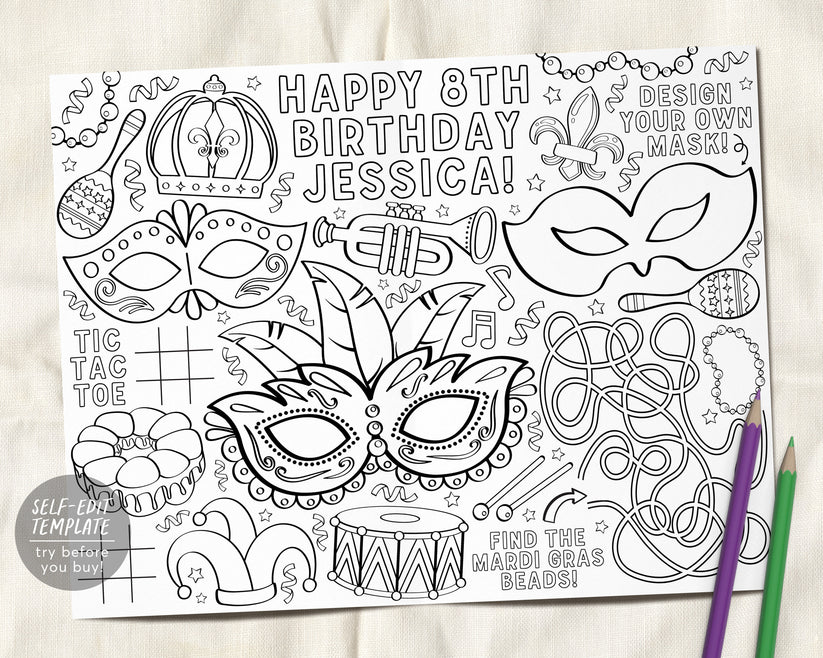 Mardi Gras Coloring Placemat For Kids Editable Template, Masquerade Ba ...