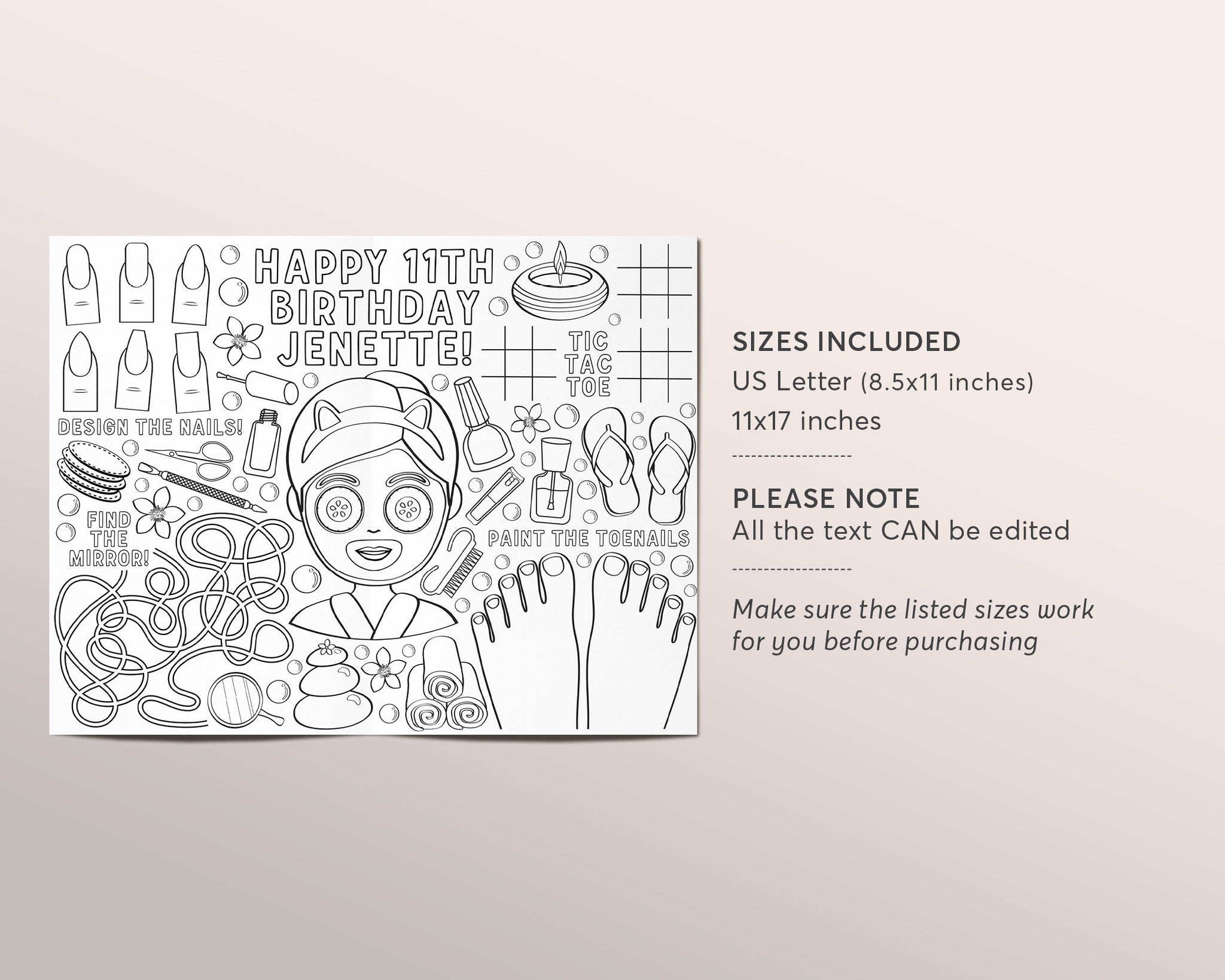 Spa Party Coloring Placemat For Kids Editable Template Pamper Manicure ...