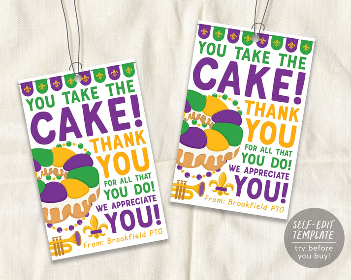 Mardi Gras King Cake Thank You Gift Tags Editable Template, Gift Tag f ...