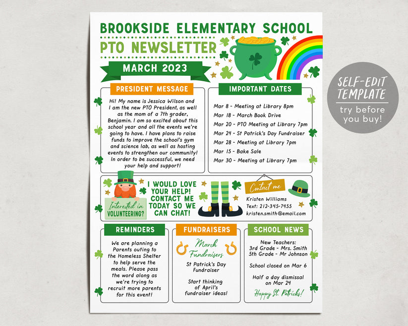 March PTO PTA Newsletter Flyer Editable Template, St. Patricks Day Fly ...