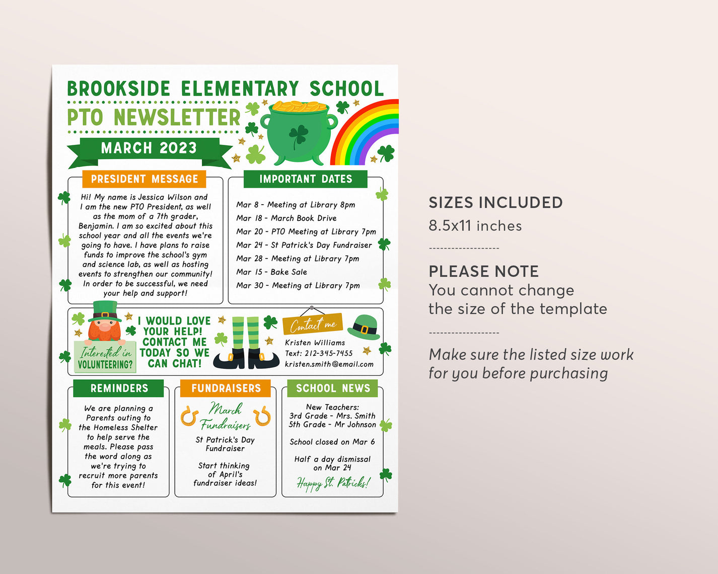 March PTO PTA Newsletter Flyer Editable Template, St. Patricks Day Fly ...