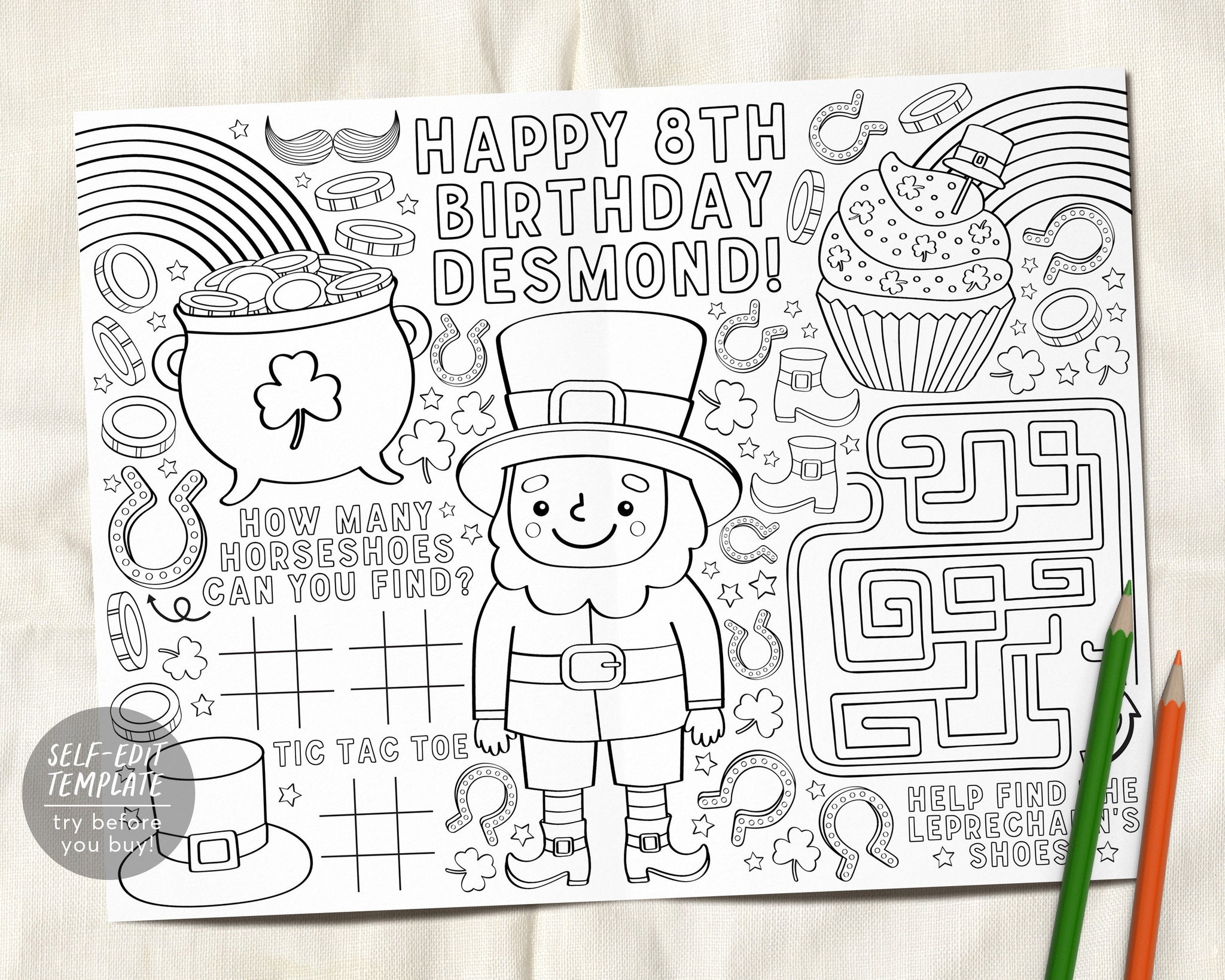 St Patricks Day Coloring Placemat For Kids Editable Template, Saint Pa ...