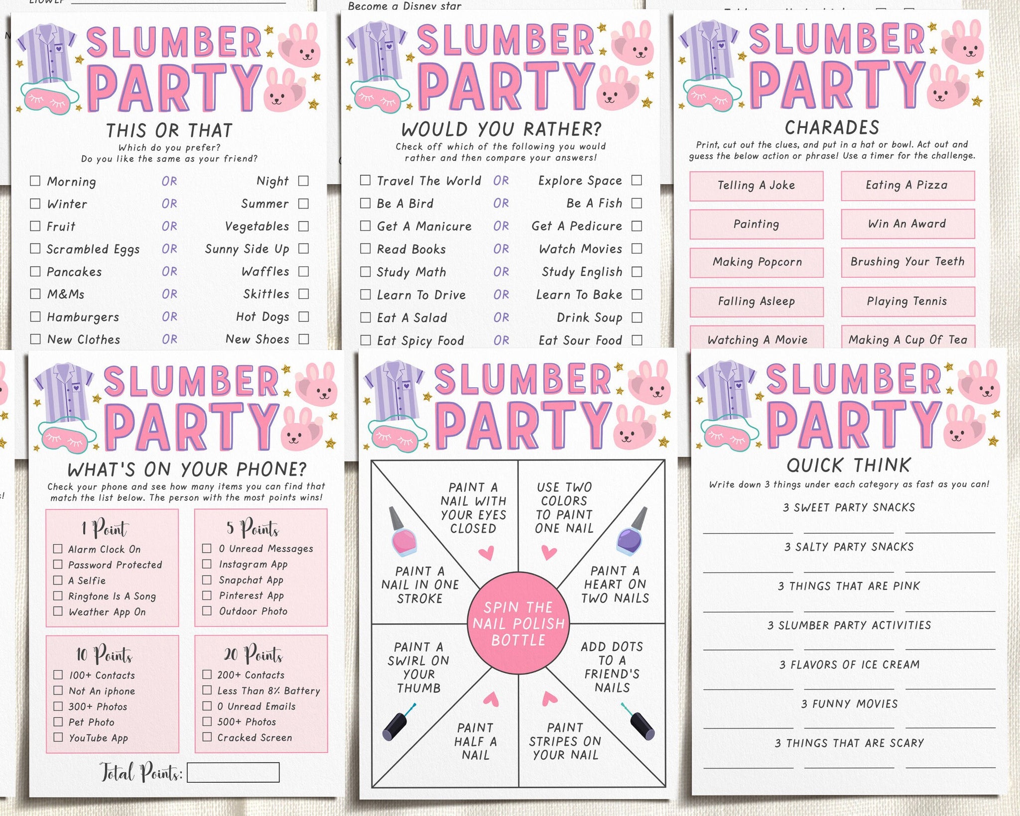 Slumber Party Games Bundle Package Printable, Pink Sleepover Game Spin ...