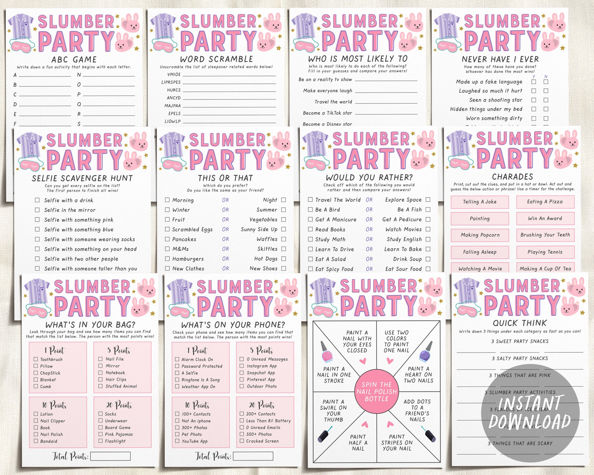 Slumber Party Games Bundle Package Printable, Pink Sleepover Game Spin ...