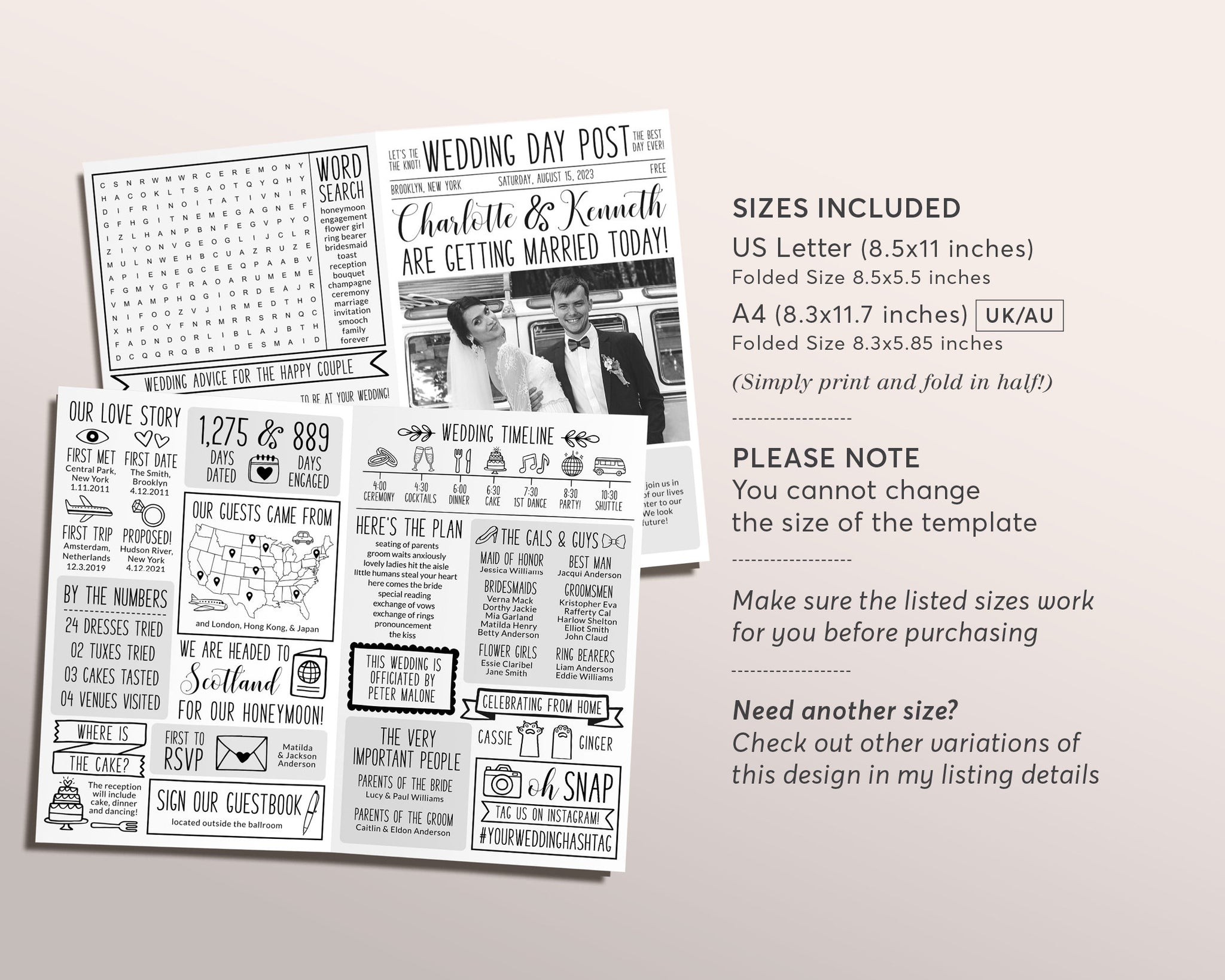 Mini Newspaper Wedding Program Editable Template, Wedding Timeline Pri ...