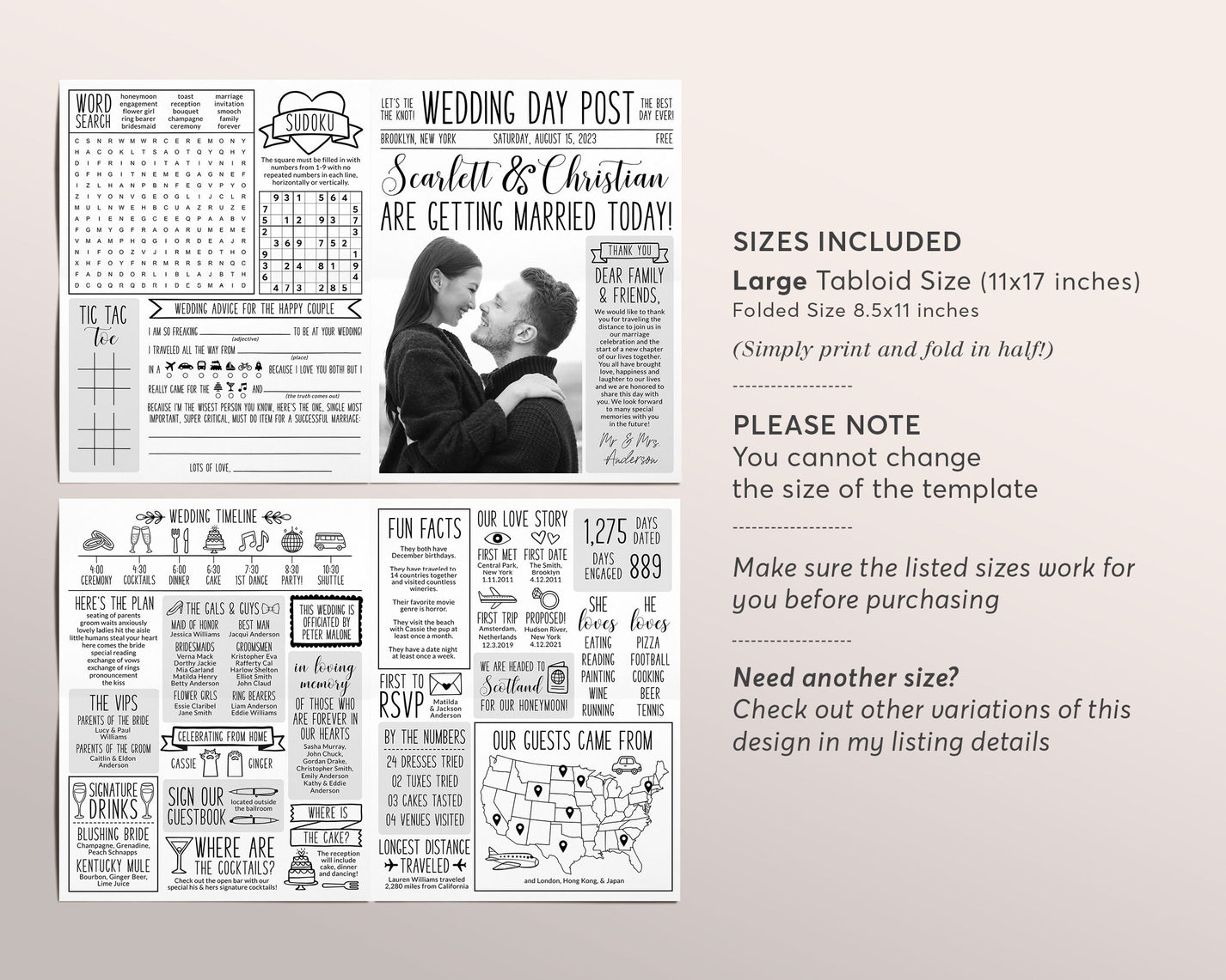 Large Newspaper Wedding Program 11x17 Editable Template, Folded Modern ...
