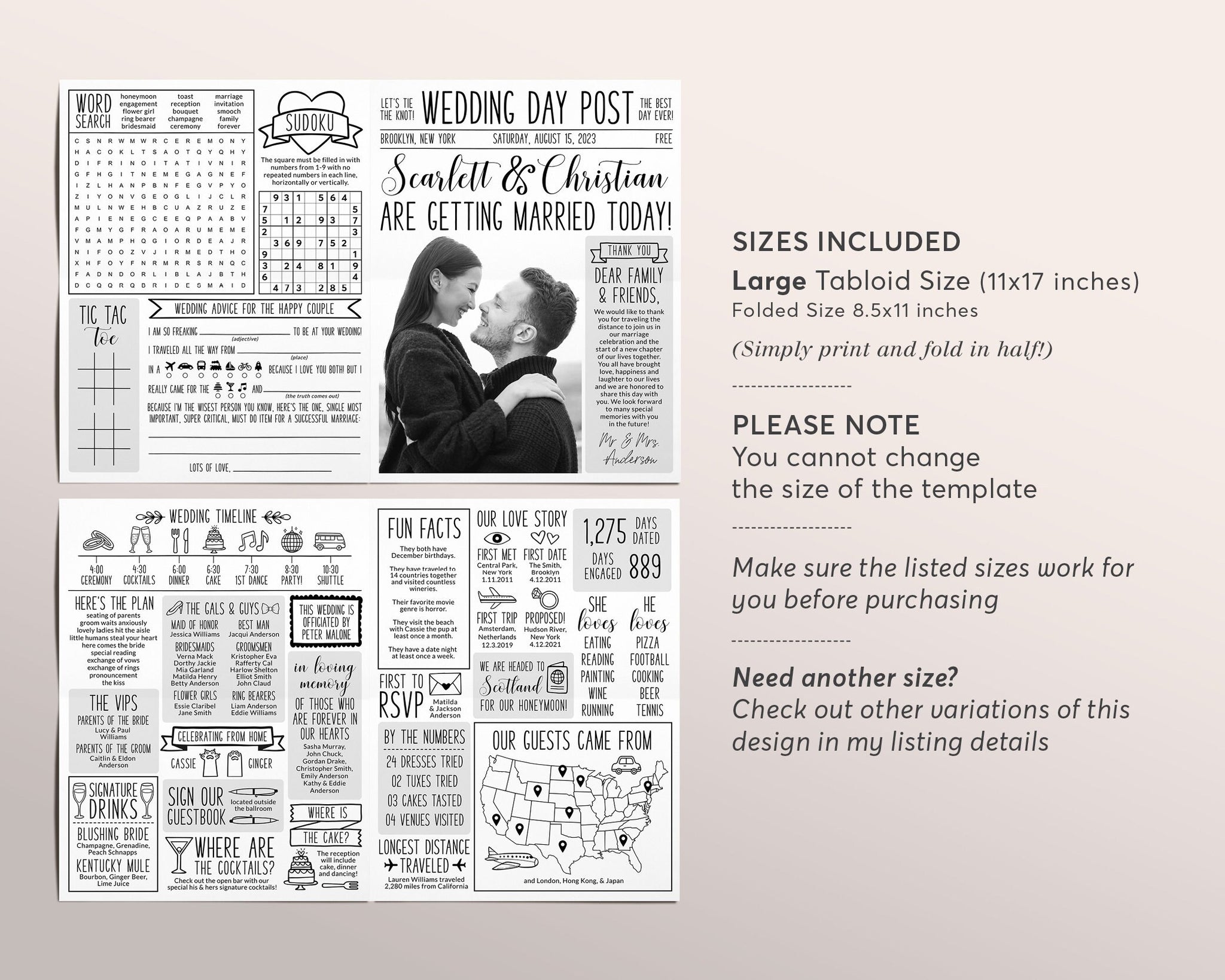 Large Newspaper Wedding Program 11x17 Editable Template, Folded Modern ...