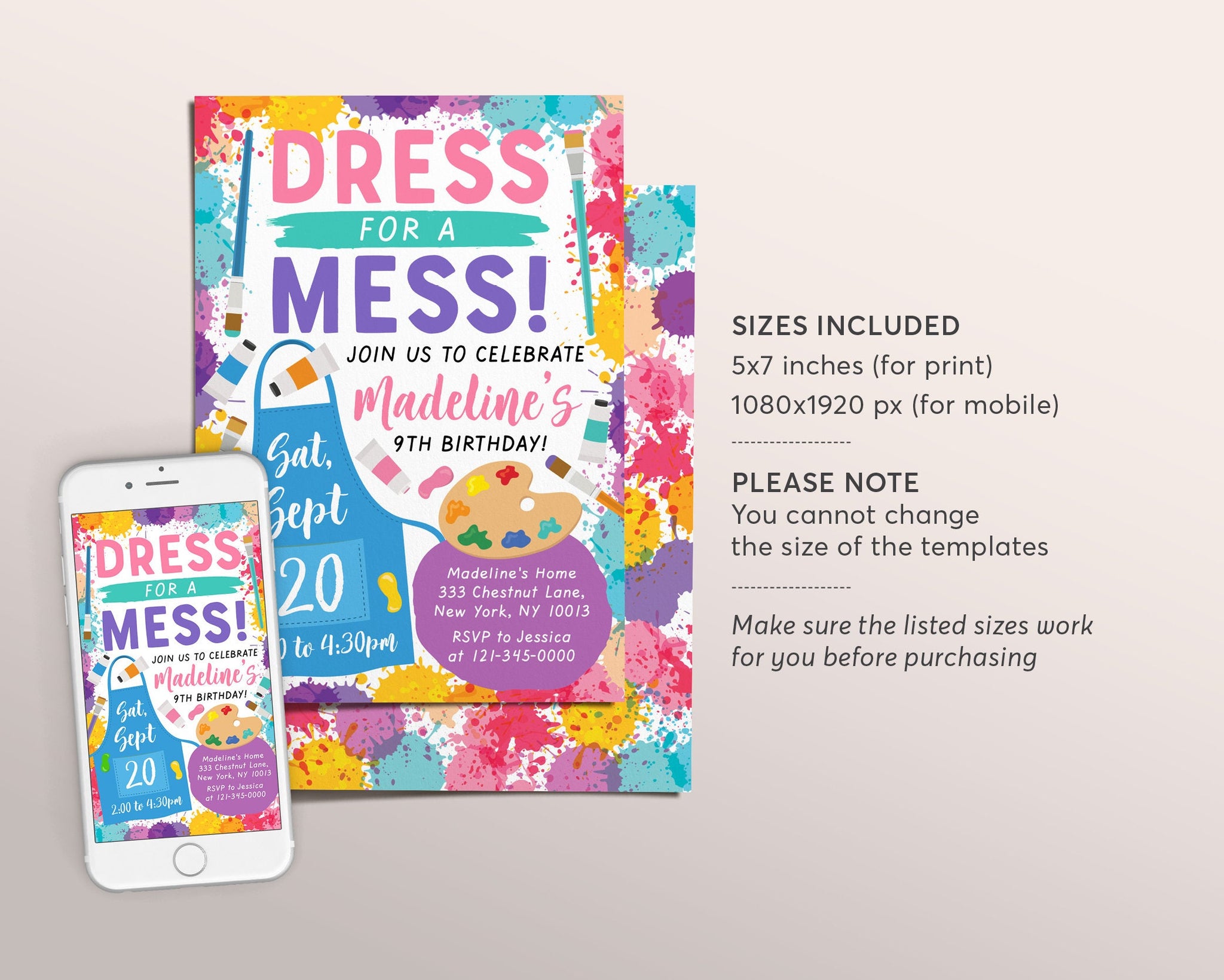 Art Birthday Party Invitation Editable Template, Dress for a Mess Pain ...