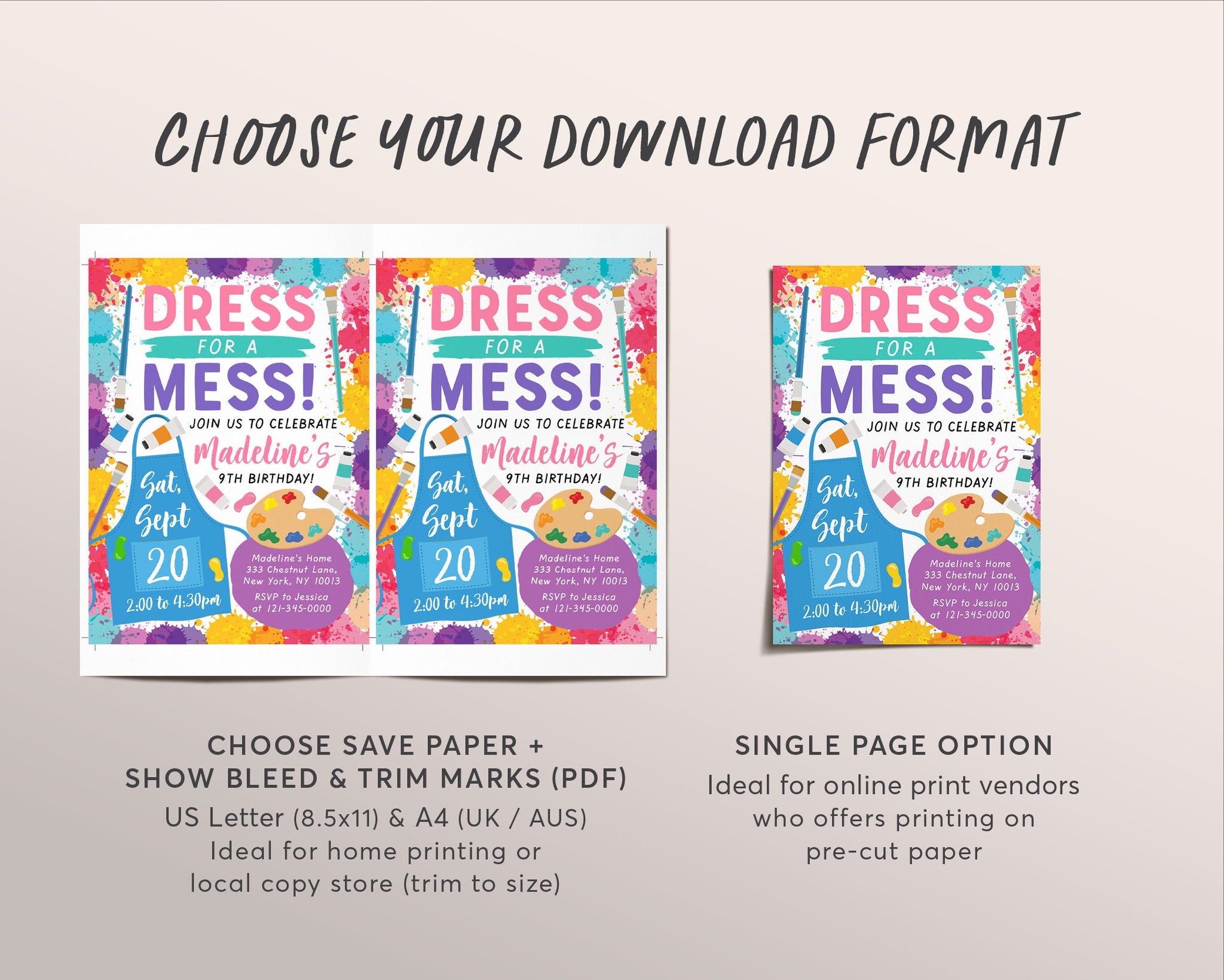 Art Birthday Party Invitation Editable Template, Dress for a Mess Pain ...