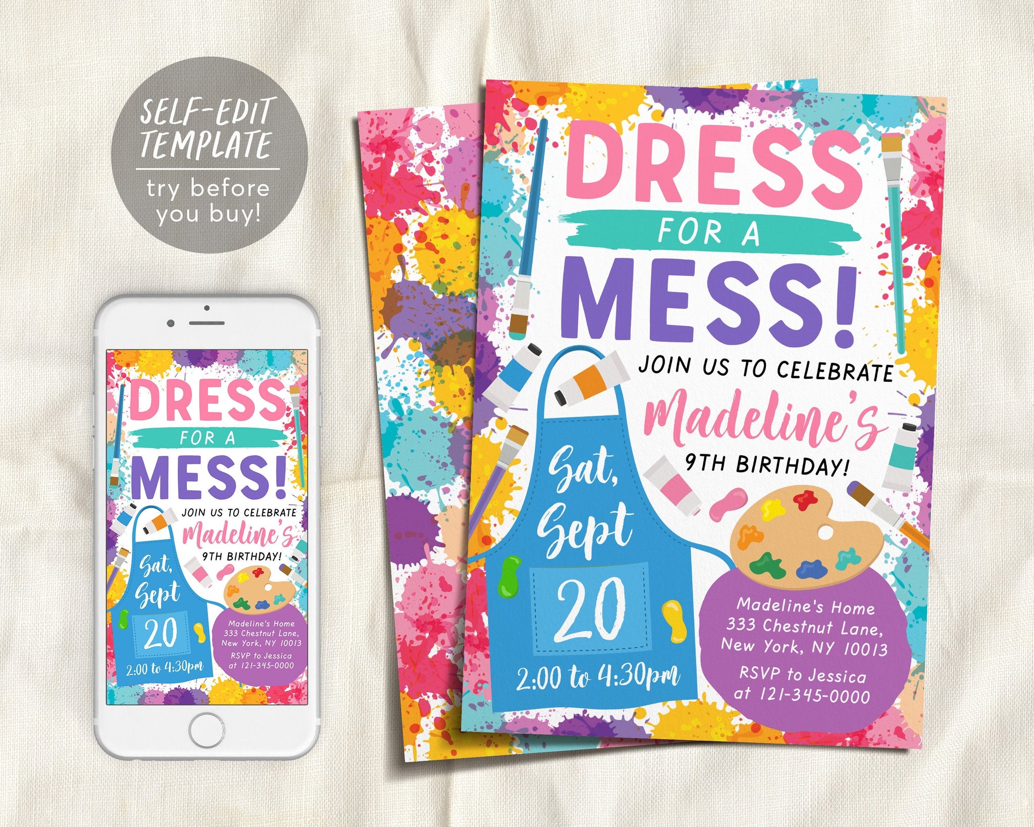Art Birthday Party Invitation Editable Template, Dress for a Mess Pain ...
