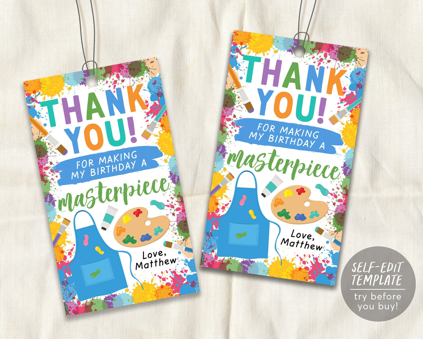 Painting Party Thank You Tags Editable Template, Art Party Birthday Fa ...