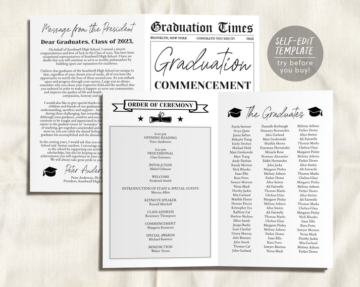Graduation Program Editable Template, Pamphlet Booklet Newspaper High ...