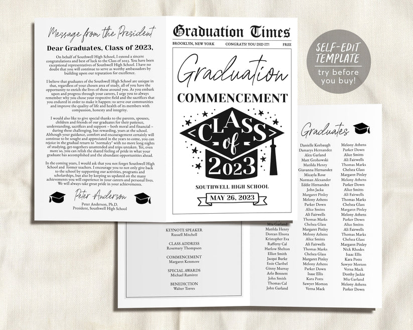 Graduation Program Editable Template, Pamphlet Booklet Newspaper High ...