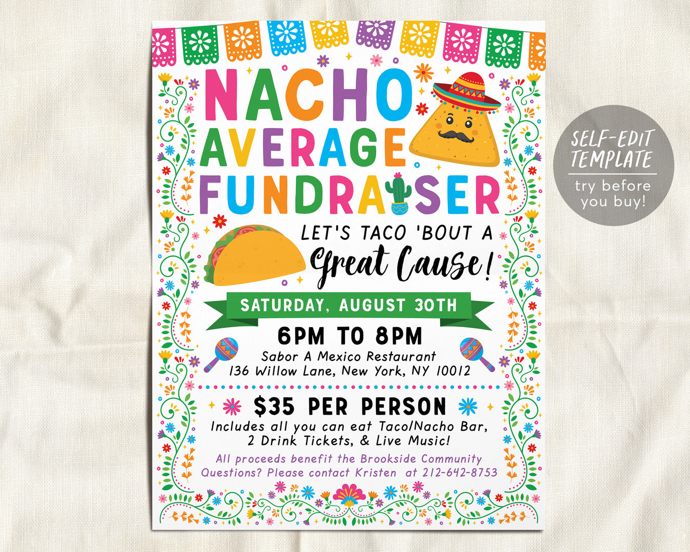 Fiesta Mexican Fundraiser Flyer Editable Template, Taco Nacho Average ...