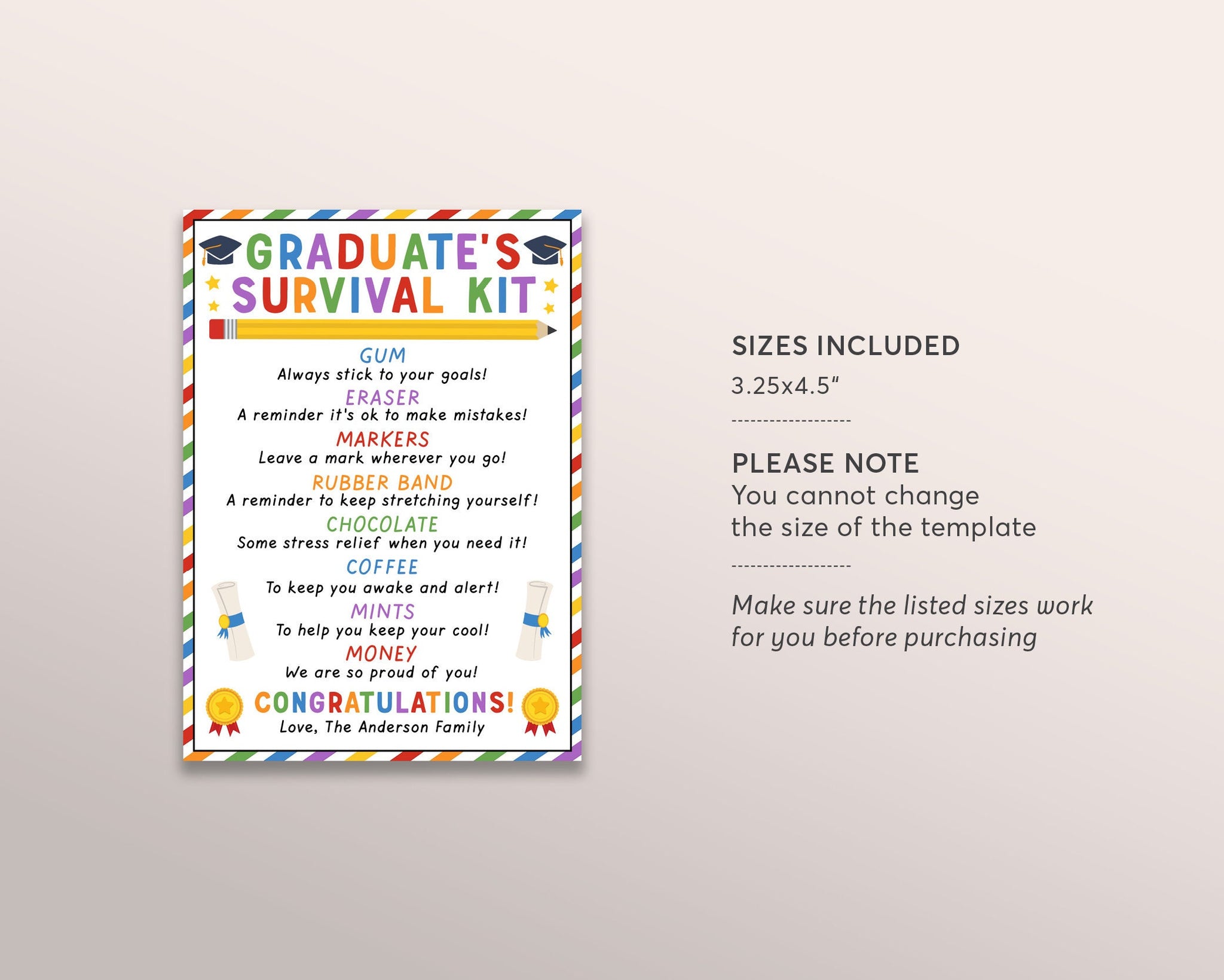 New Graduate Survival Kit Editable Template, Graduation Gift Idea, Gra ...