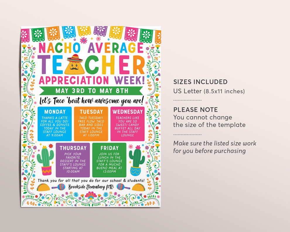 Nacho Average Teacher Appreciation Week Schedule Editable Template, Fi ...