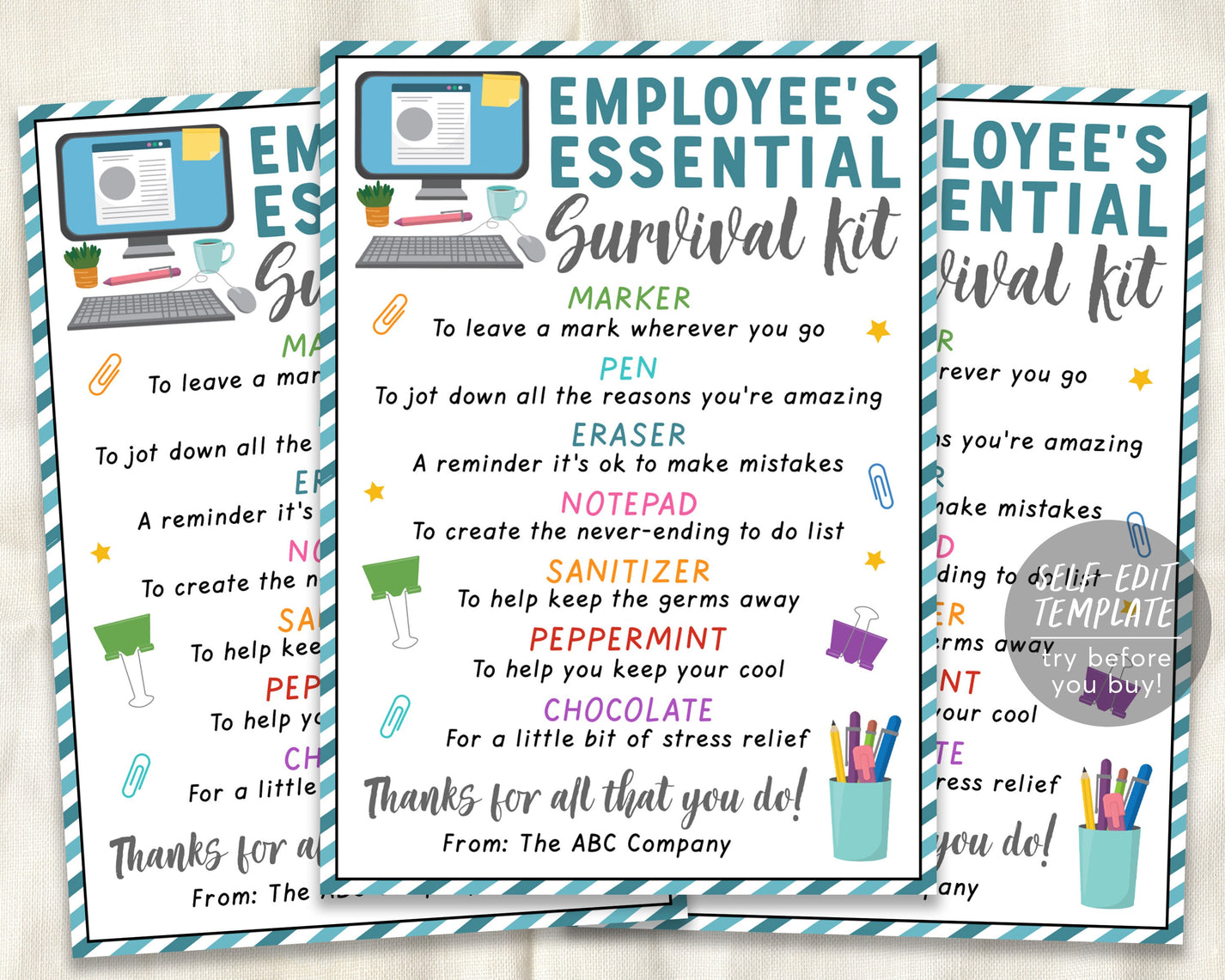 Employee Survival Kit Gift Tags Editable Template, Employee Appreciati ...