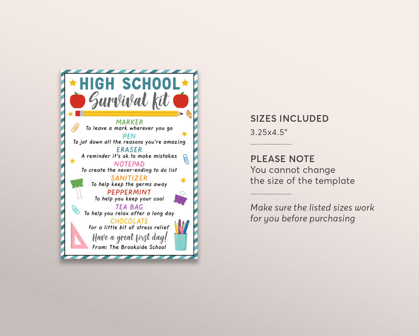 High School Student Survival Kit Gift Tags Editable Template, Welcome ...