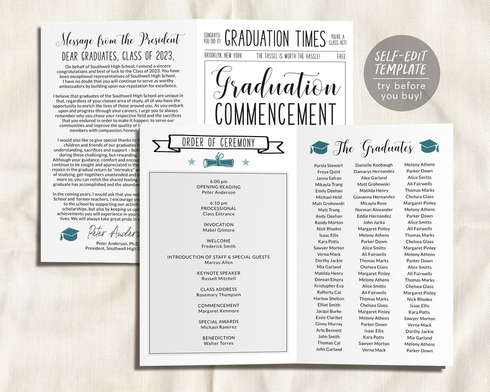 Graduation Program Editable Template, Pamphlet Booklet Newspaper High ...