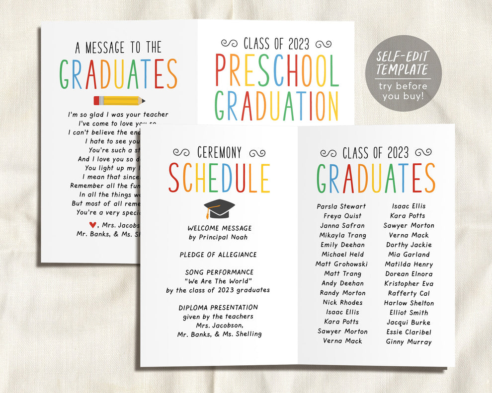 Graduation Program Editable Template for Preschool, Pre-K Ceremony Pro ...