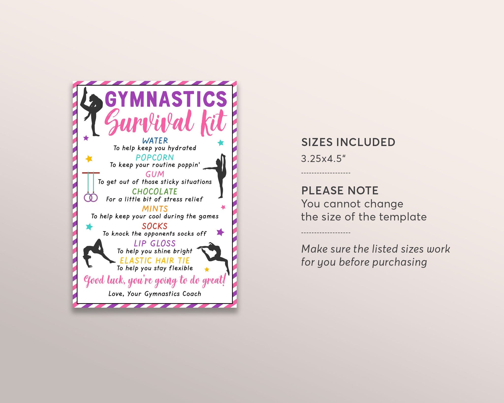 Gymnastics Survival Kit Gift Tags Editable Template, Gymnast Gift Idea ...