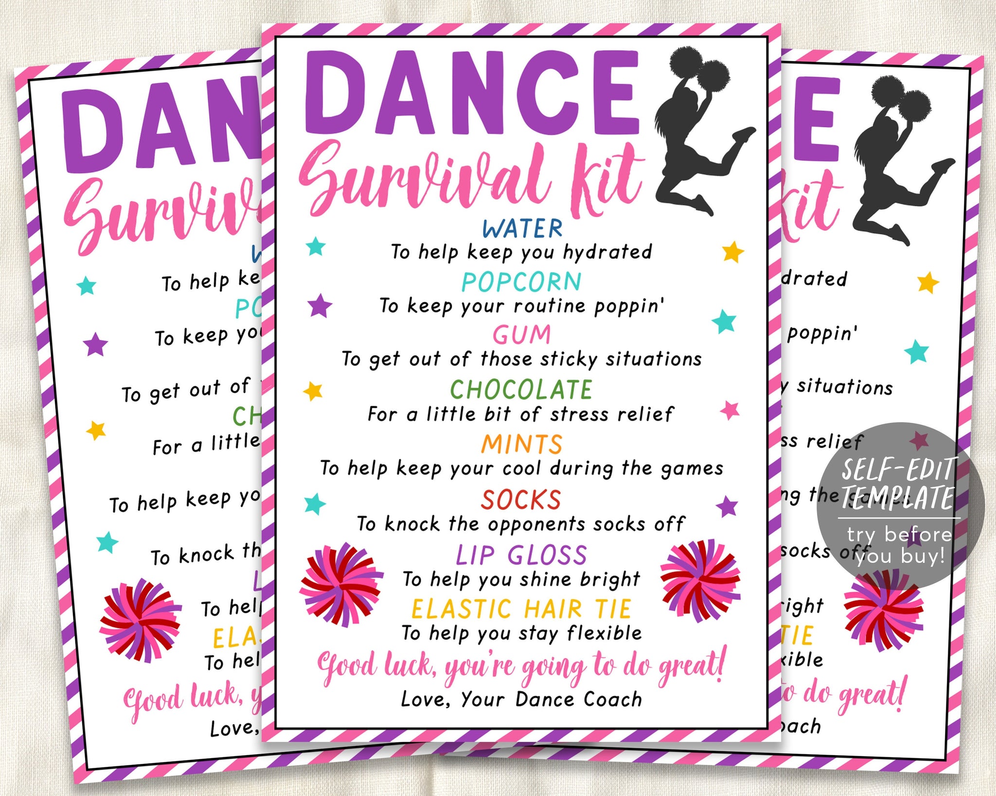 Dancer Survival Kit Gift Tags Editable Template, Dance Team Gift Idea ...