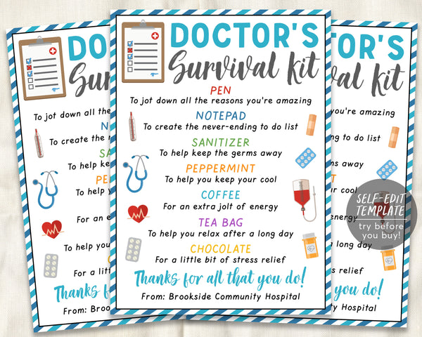 Doctor Survival Kit Gift Tags Editable Template, Doctor Appreciation N ...