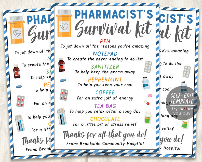 Pharmacist Survival Kit Gift Tags Editable Template, PharmD Pharmacy P ...