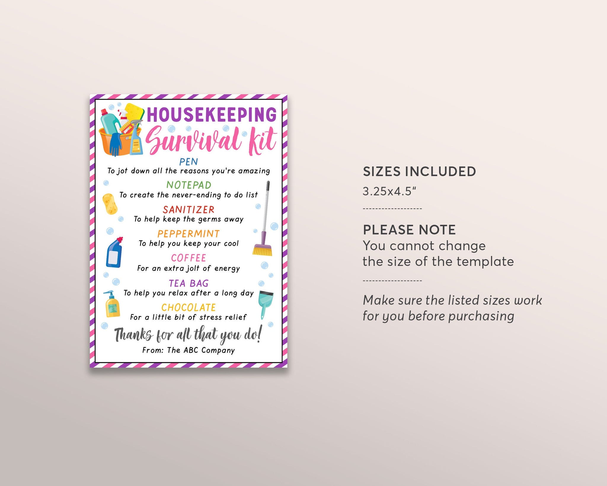 Housekeeper Survival Kit Gift Tags Editable Template, Housekeeping App ...