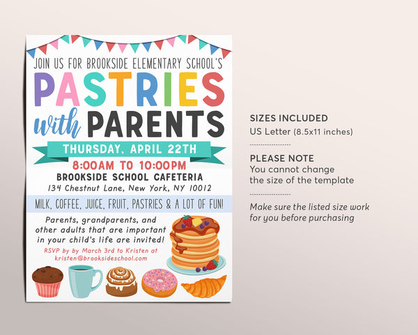 Pastries With Parents Flyer Editable Template, Breakfast Brunch Parent ...