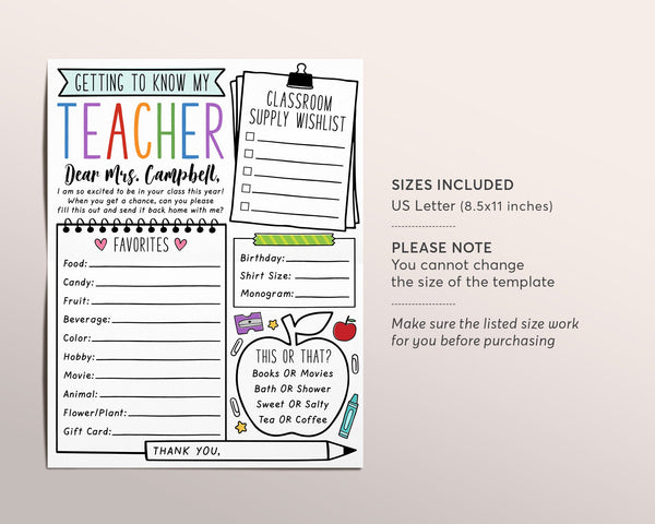 Favorites Teacher Survey Editable Template, Getting To Know My Teacher ...